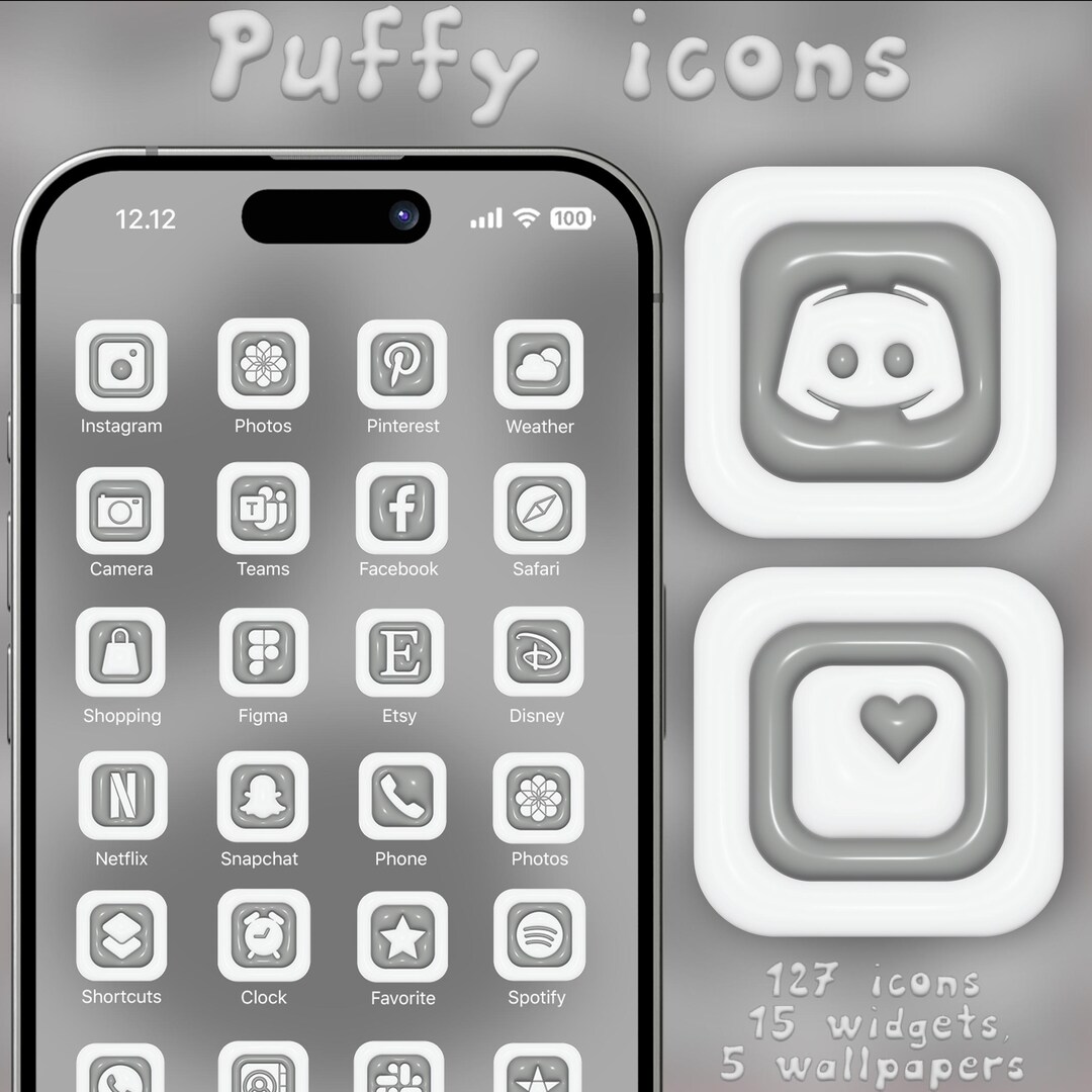 Grey App Icons Bundle: 3D Puffy Ios Theme, Black & White (digital ...