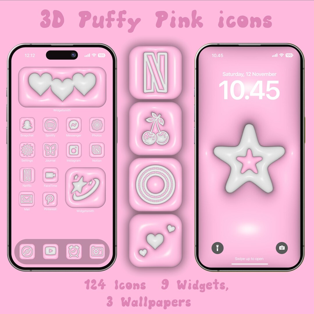 Baby Pink 3D Inflatable App Icons for Iphone, Cute Y2K, 120+ Pink Theme ...