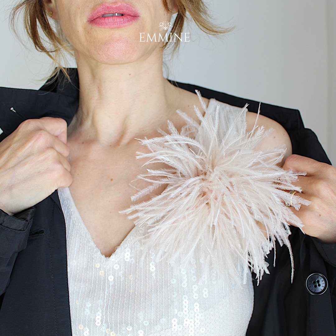 Light Pink Ostrich Feathers Brooch for Evening Gown, Art Deco Vibe ...