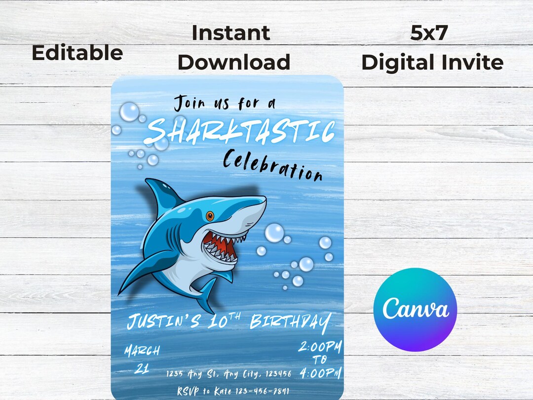 Editable Shark Birthday Invitation Canva Template, 5x7 Instant Download ...