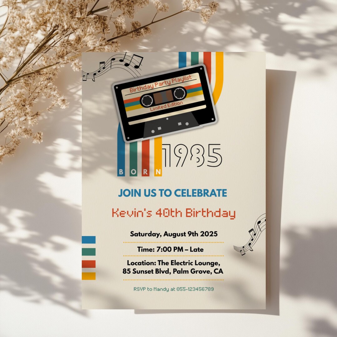 40th Birthday Invitation, Retro Cassette Tape Invite, Editable Template ...