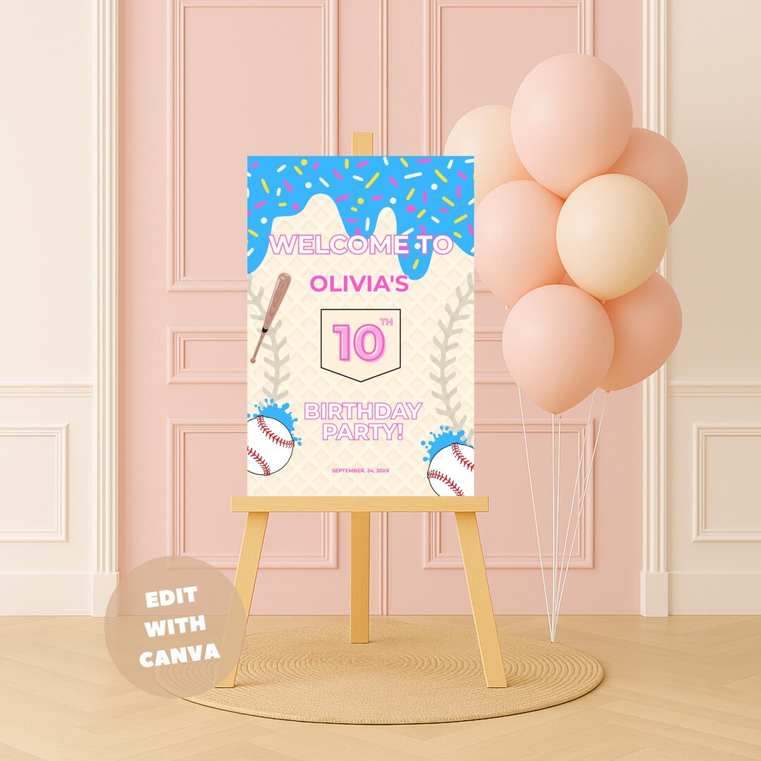 Baseball Drip Birthday Party Welcome Sign, Editable Canva Template ...