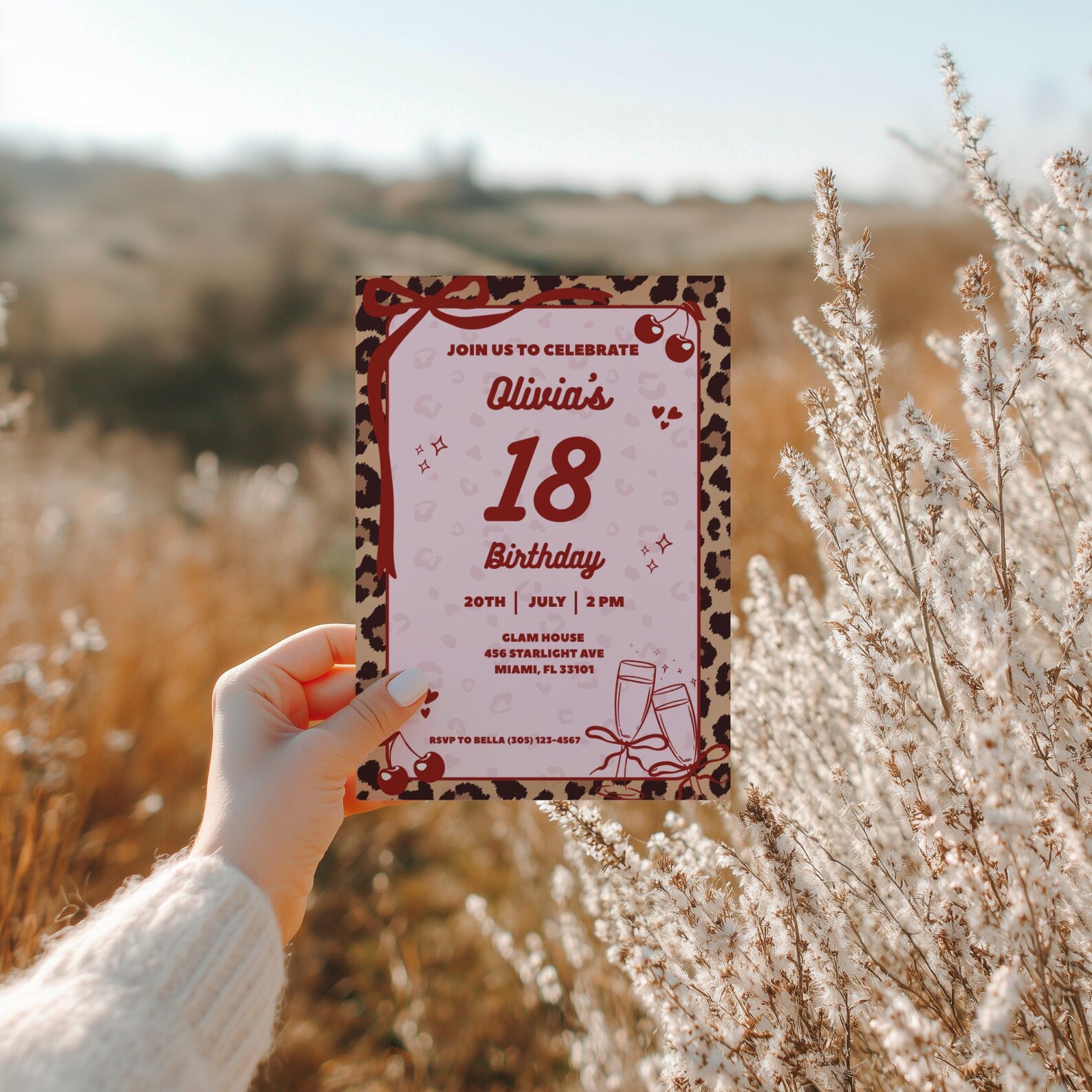 Cherry Cheetah Birthday Invite, Leopard Print Invitation, Canva ...