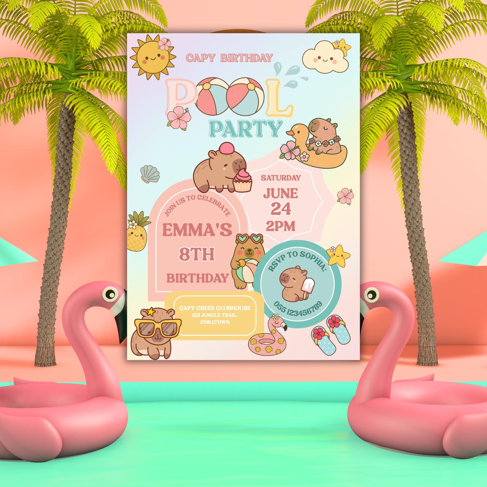 Capybara Pool Party Birthday Invitation, Editable Template (5x7 Inches ...