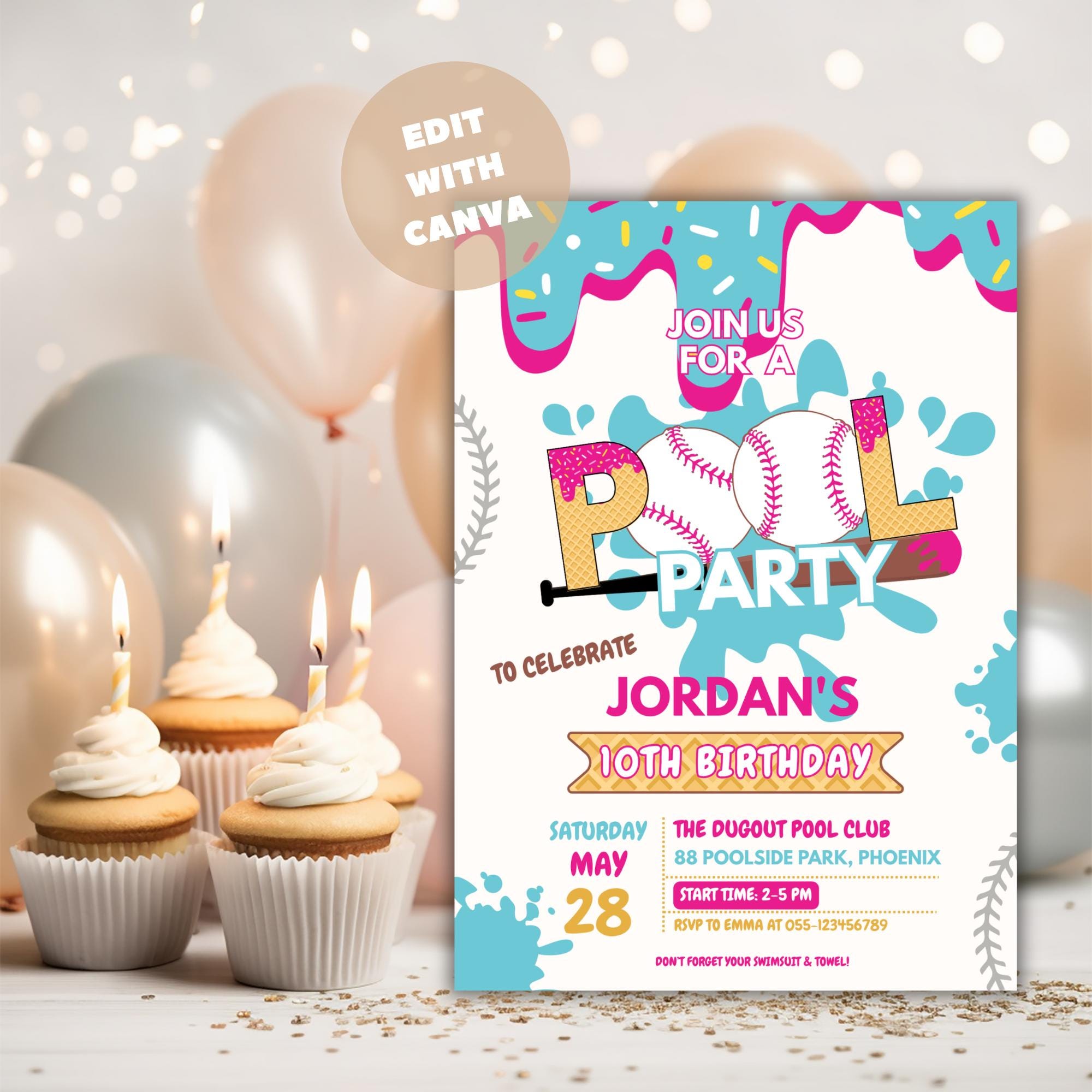 Baseball Drip Pool Party Invitation, Summer Party Invite, Ice Cream ...