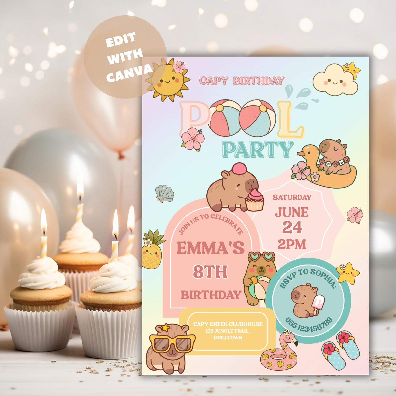 Capybara Pool Party Birthday Invitation, Editable Template (5x7 Inches ...