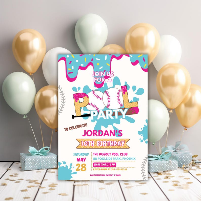 Baseball Drip Pool Party Invitation, Summer Party Invite, Ice Cream ...