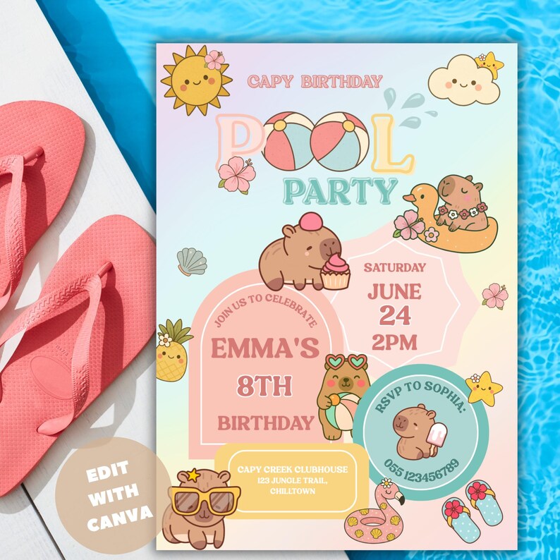 Capybara Pool Party Birthday Invitation, Editable Template (5x7 Inches ...