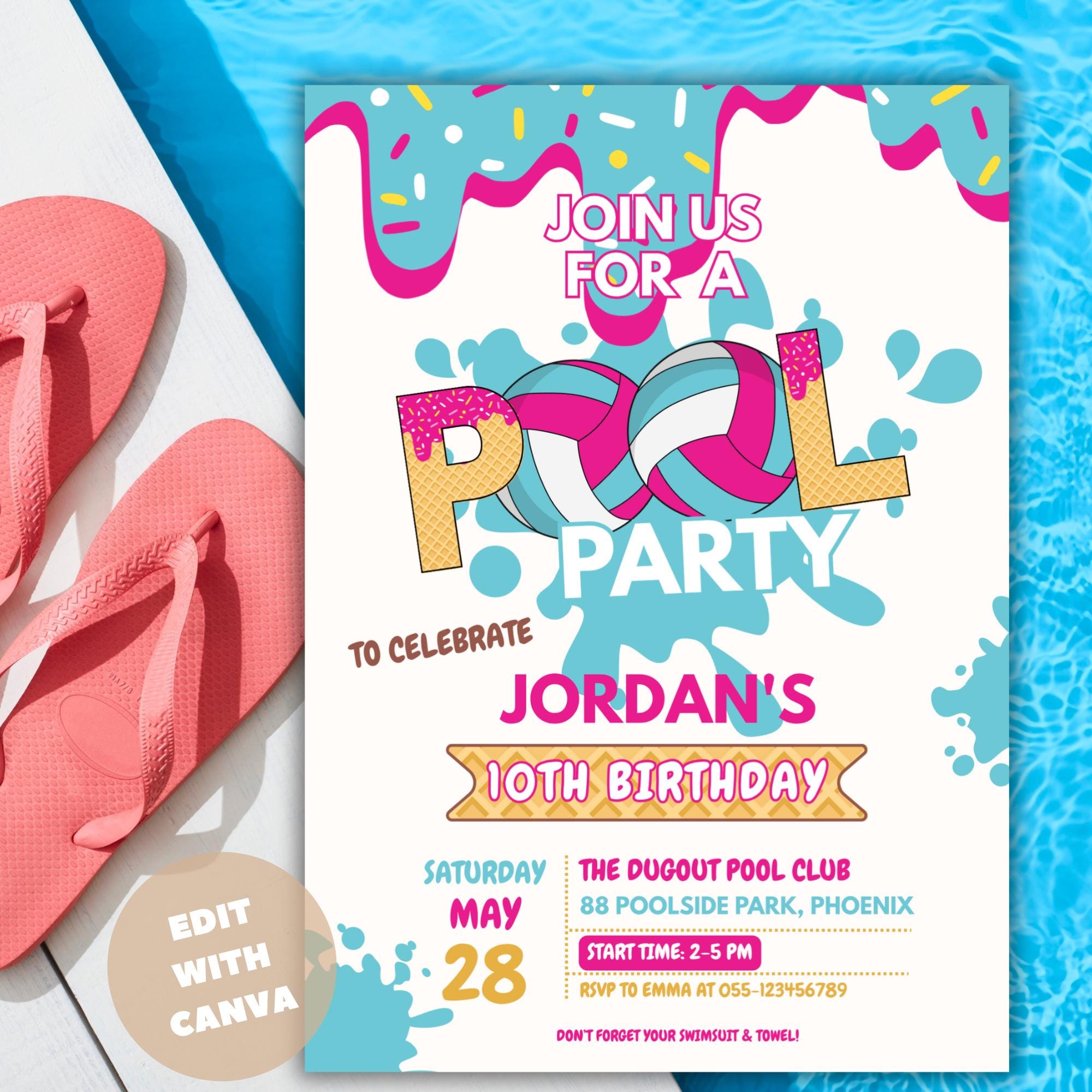 Volleyball Drip Pool Party Invitation, Summer Party Invite, Ice Cream ...
