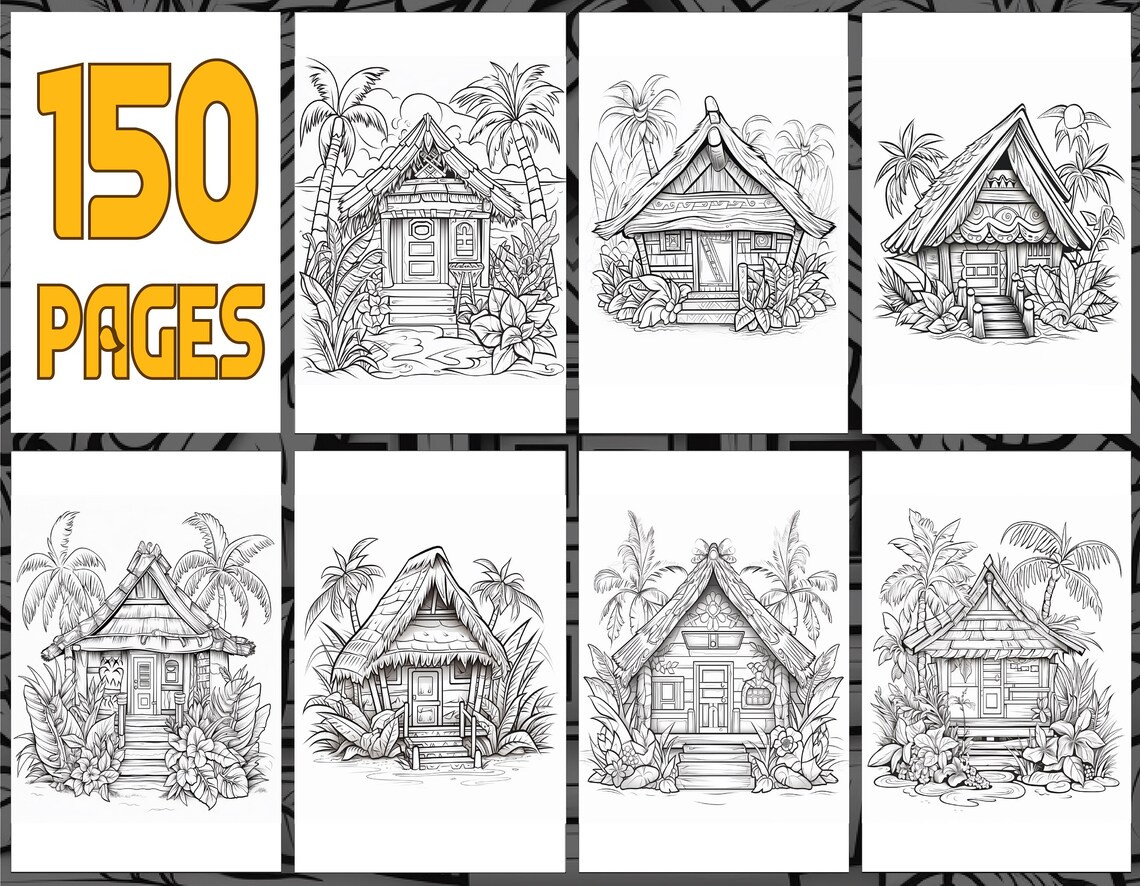 Hawaiian Tiki Huts, 150 Pages, Digital Coloring Pages, Adult Coloring ...