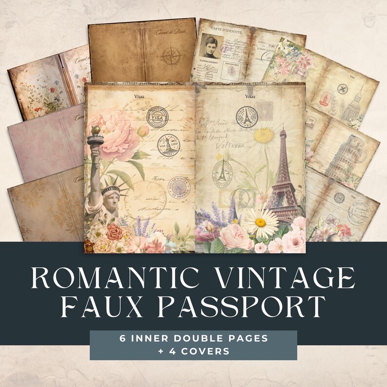 Printable Romantic Faux Vintage Passport Pages and Covers - Digital ...