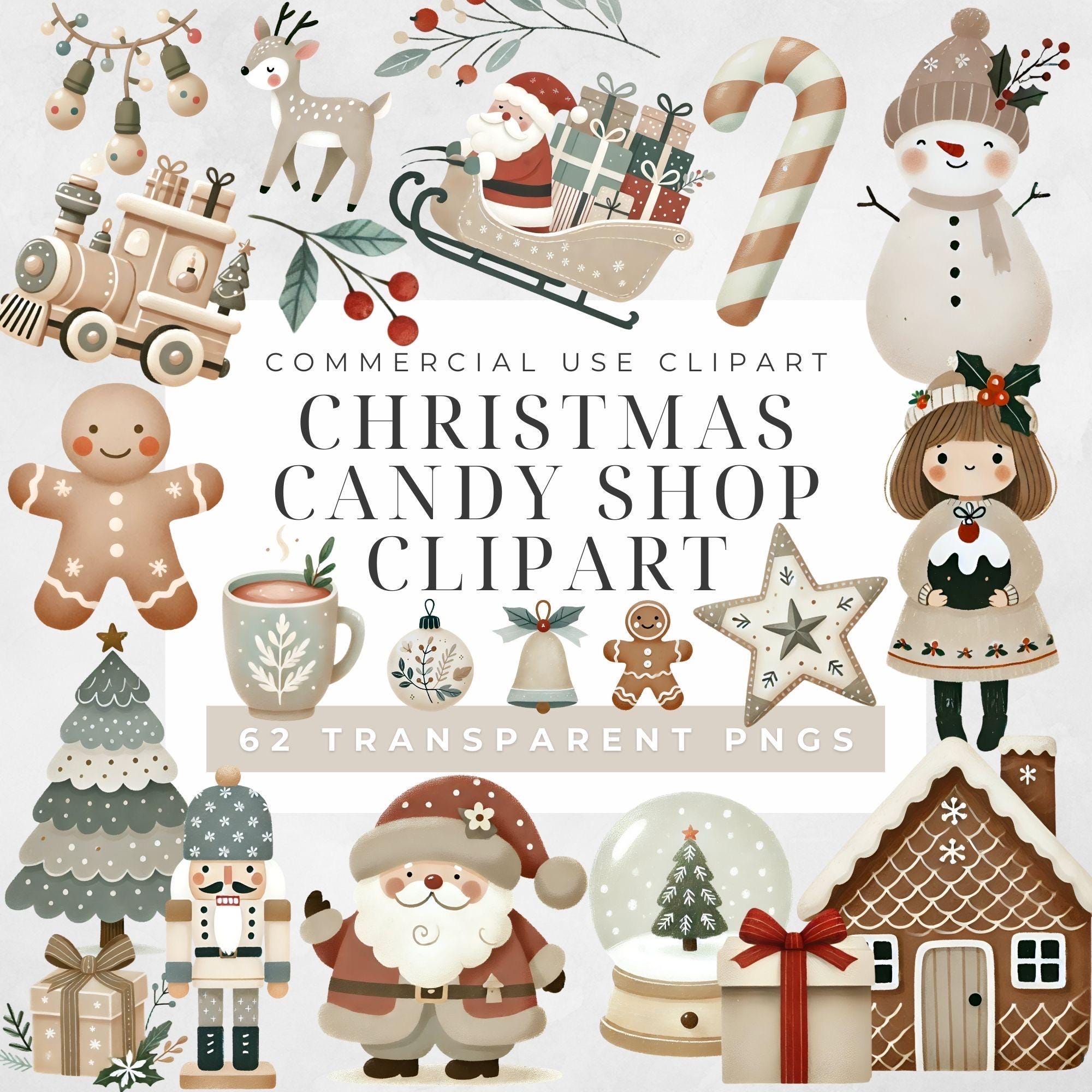 Christmas Candy Shop Clipart, Neutral Boho Watercolor, Commercial Use ...