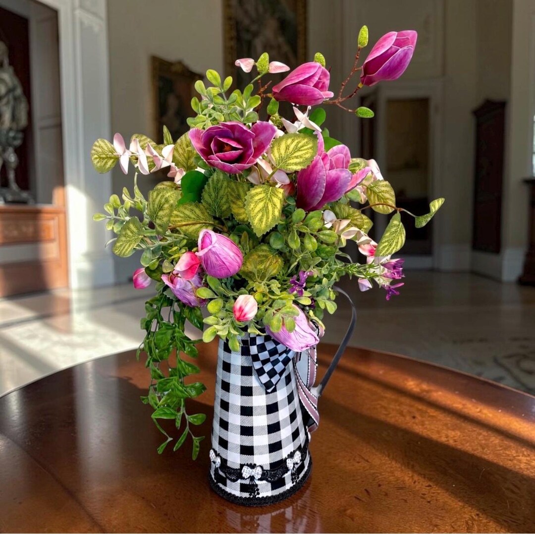 Pink Cherry Blossom Floral Arrangement in Gingham Pitcher, Mother’s Day ...