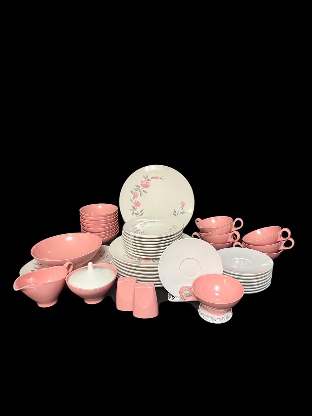Vintage Melmac Melamine Dinnerware Set: 1950s Pink Rose, 47-pc Retro ...