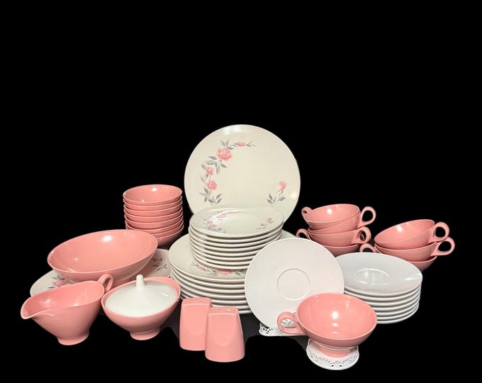 Vintage Melmac Melamine Dinnerware Set: 1950s Pink Rose, 47-pc Retro ...