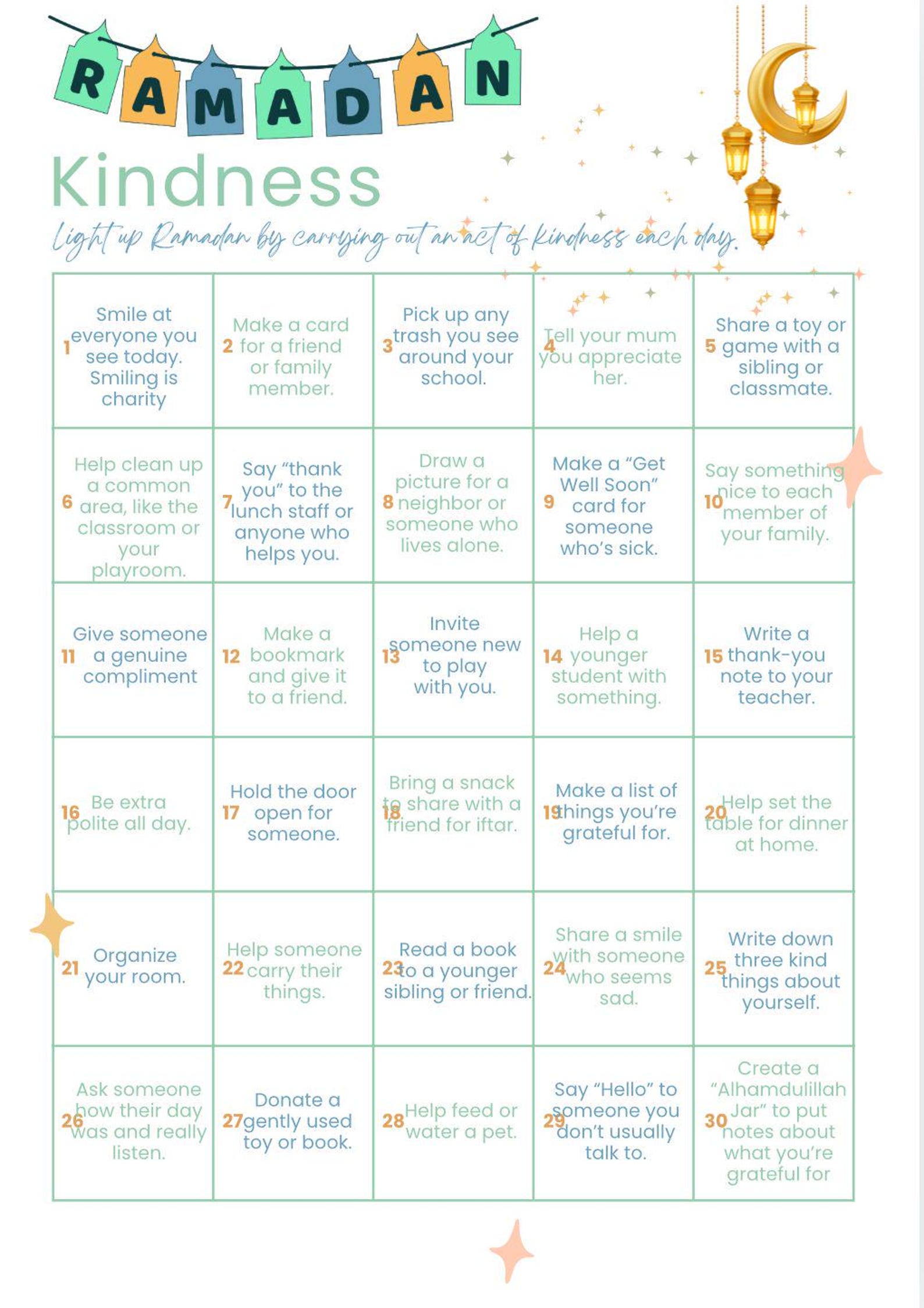 Printable Ramadan Kindness Calendar for Kids Aged 7-12, Ramadan ...