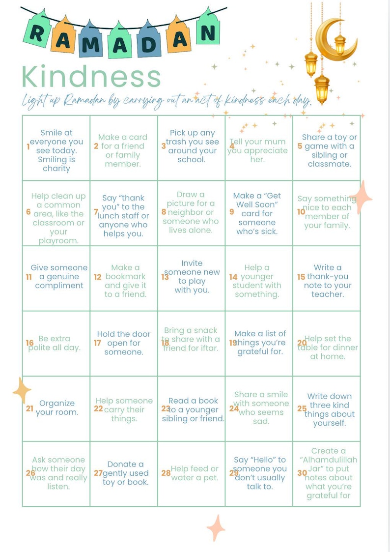 Printable Ramadan Kindness Calendar for Kids Aged 7-12, Ramadan ...