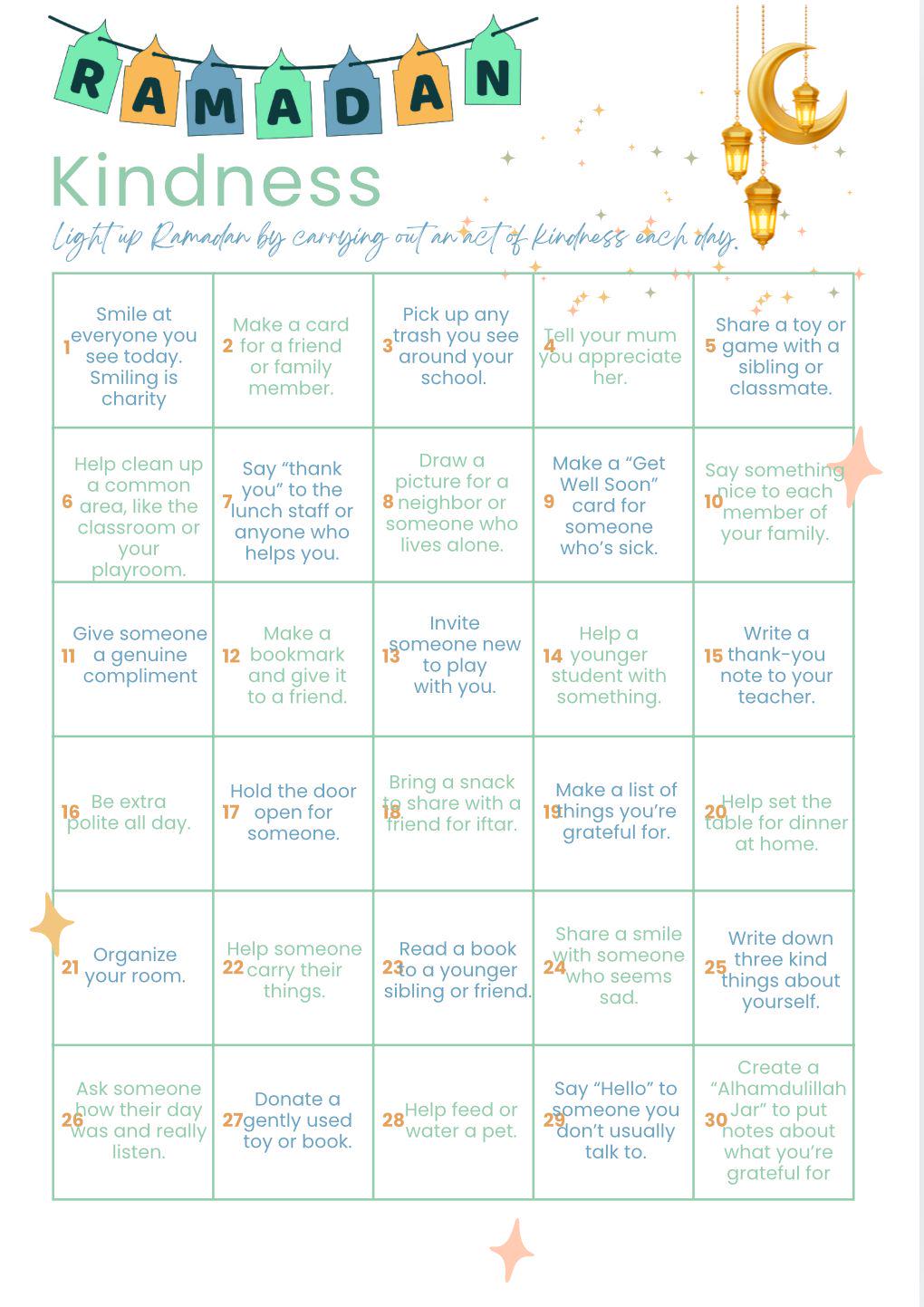 Printable Ramadan Kindness Calendar for Kids Aged 7-12, Ramadan ...