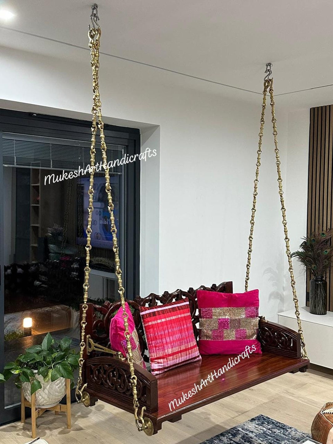 Handmade Wooden Reversible Porch Swing/ Wooden Reversible Ceiling Swing ...