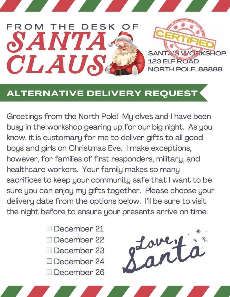Letter From Santa // Alternative Gift Delivery Request for First ...