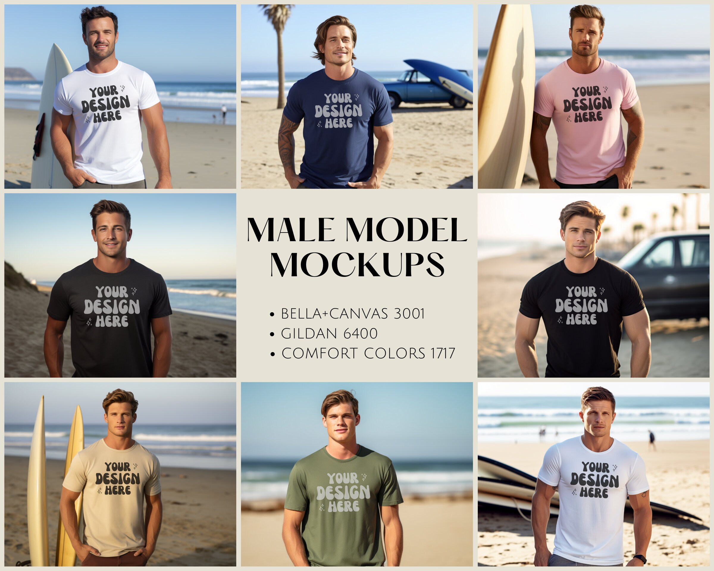 Mens Beach Mockup Bundle, Access to All Beach Ocean Mocks, Mens Bella ...