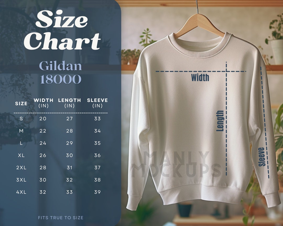 Men's Gildan 18000 Size Chart Mockup | Gildan Sizing Guide | Manly Crewneck Sweater Size Charts ...