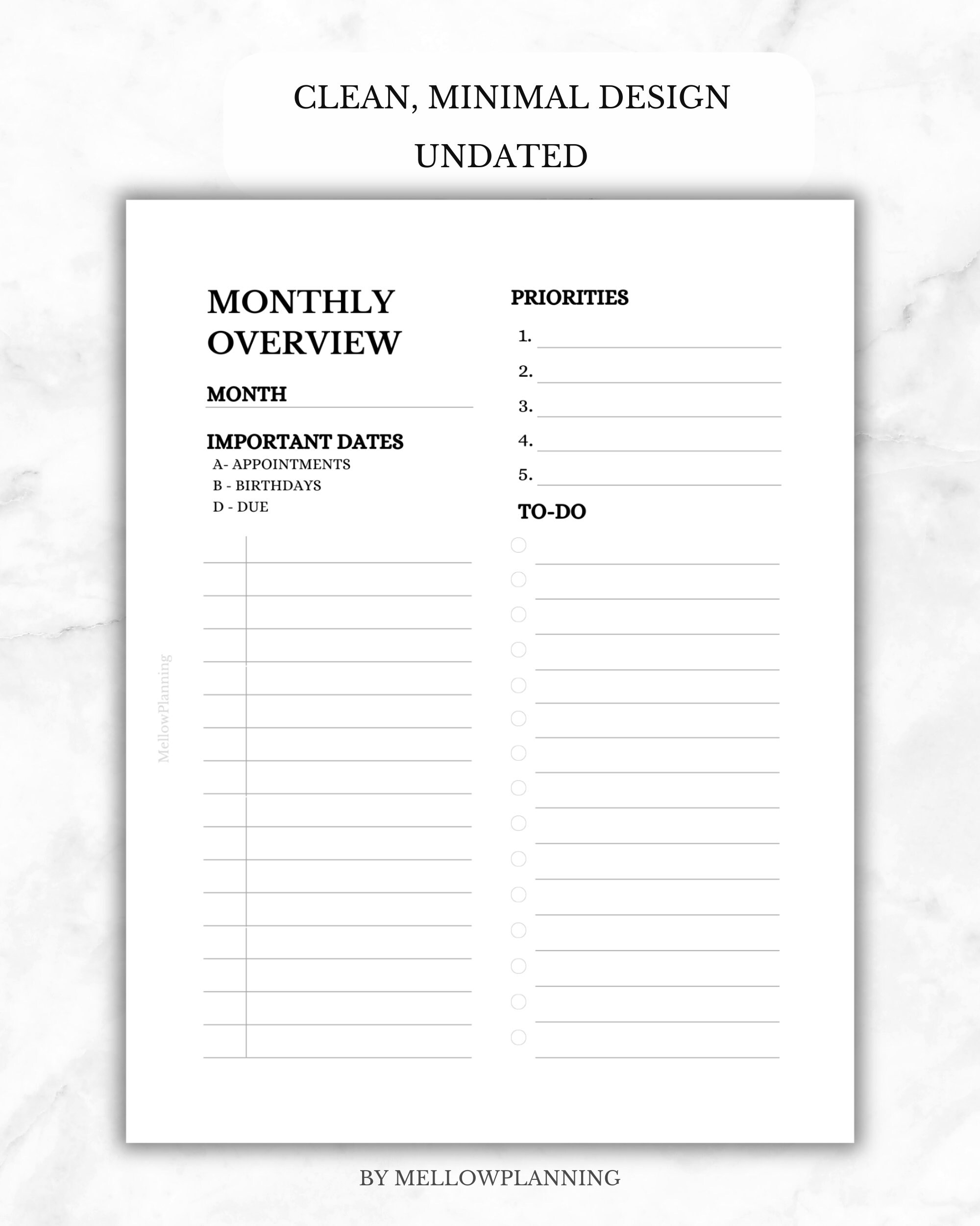 Monthly Overview Undated Printable Template, Planner Template, Digital ...