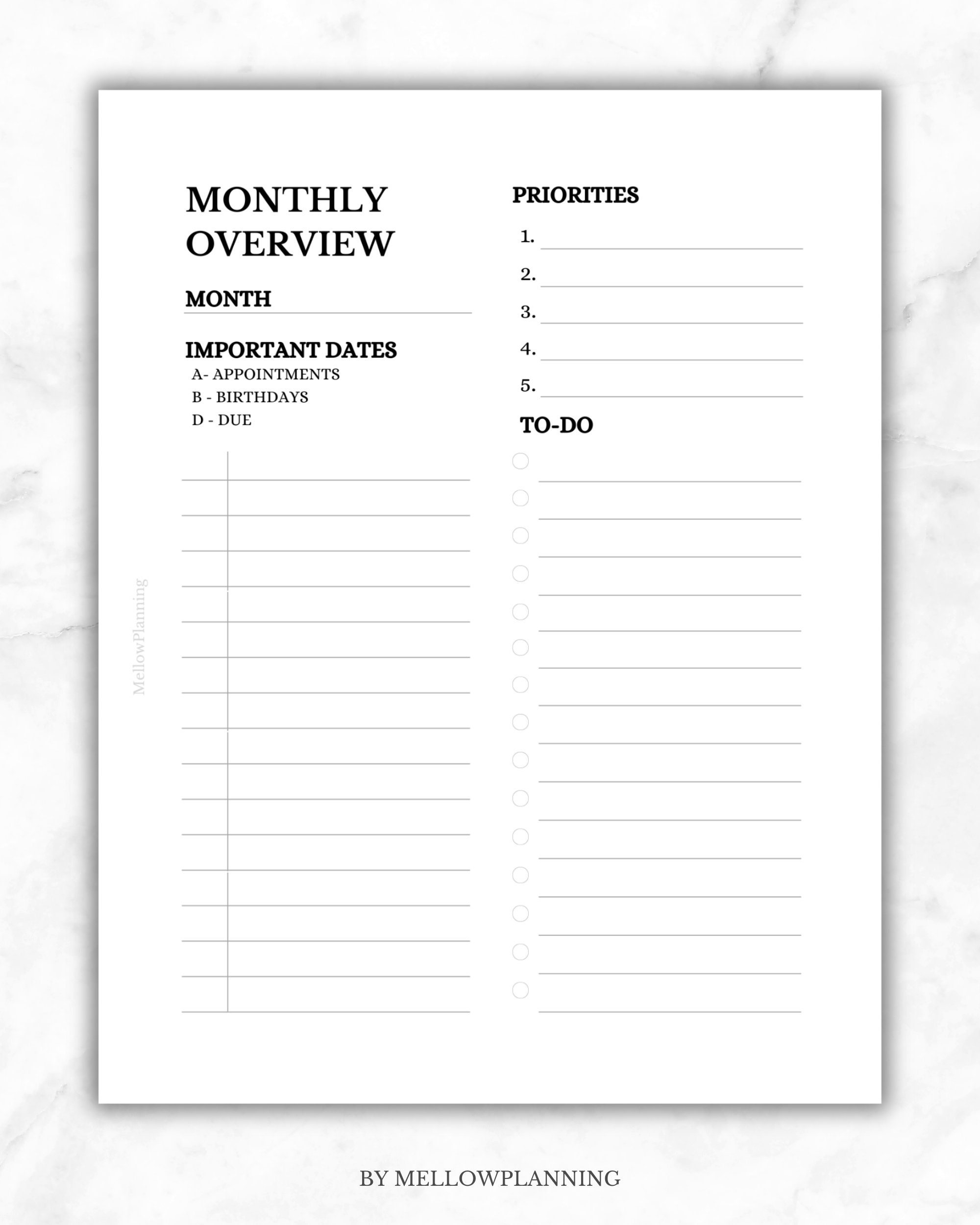 Monthly Overview Undated Printable Template, Planner Template, Digital ...