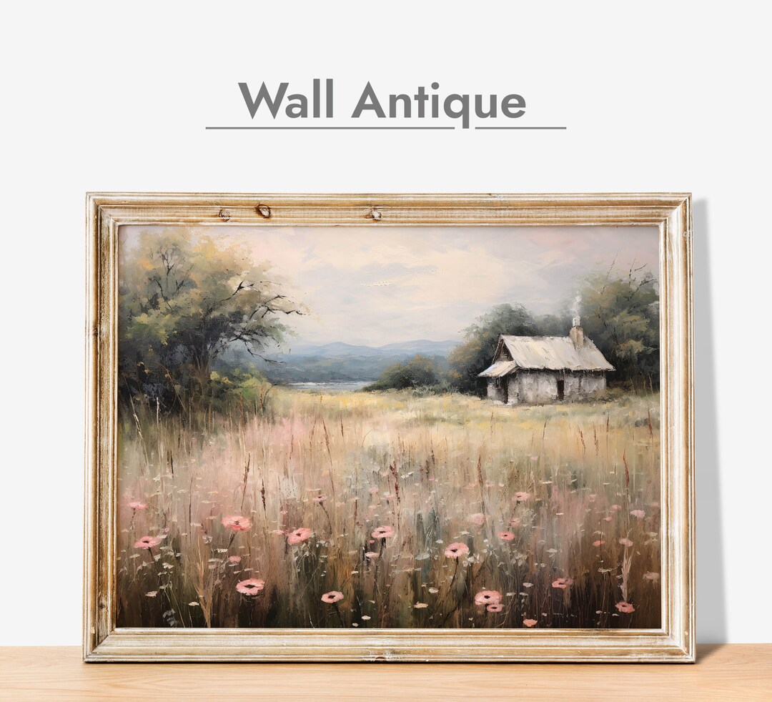 Printable Old Paint Wooden Barn Oil Painting, Wildflower Field ...