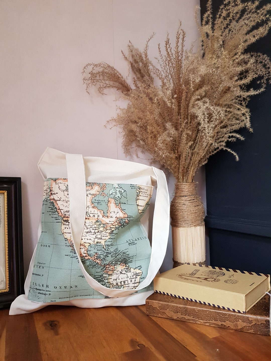 World Map Functional Front Pocket Tote Bag World Map in Beige and Blue ...