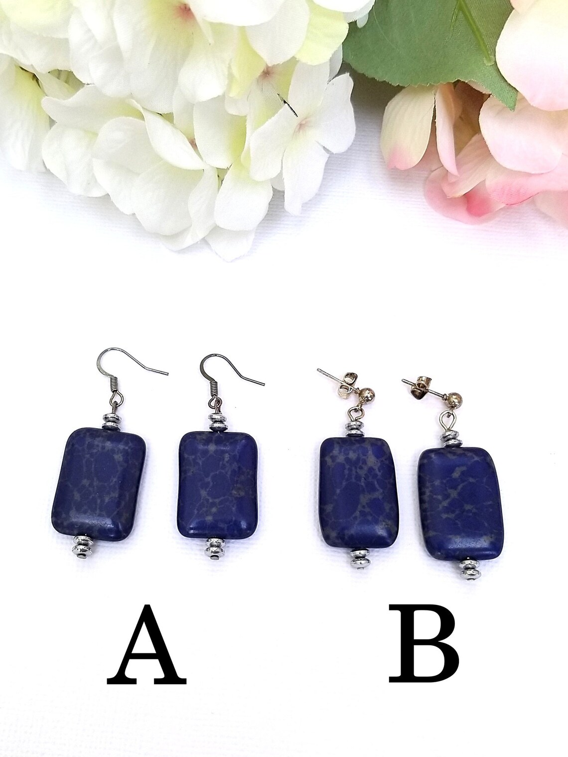 Navy Blue Imperial Jasper Dangle Earrings, Marbled Blue Green Gemstone ...