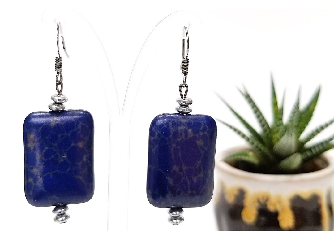 Dark Blue Imperial Jasper Rectangle Gemstone Earrings, Stainless Steel ...