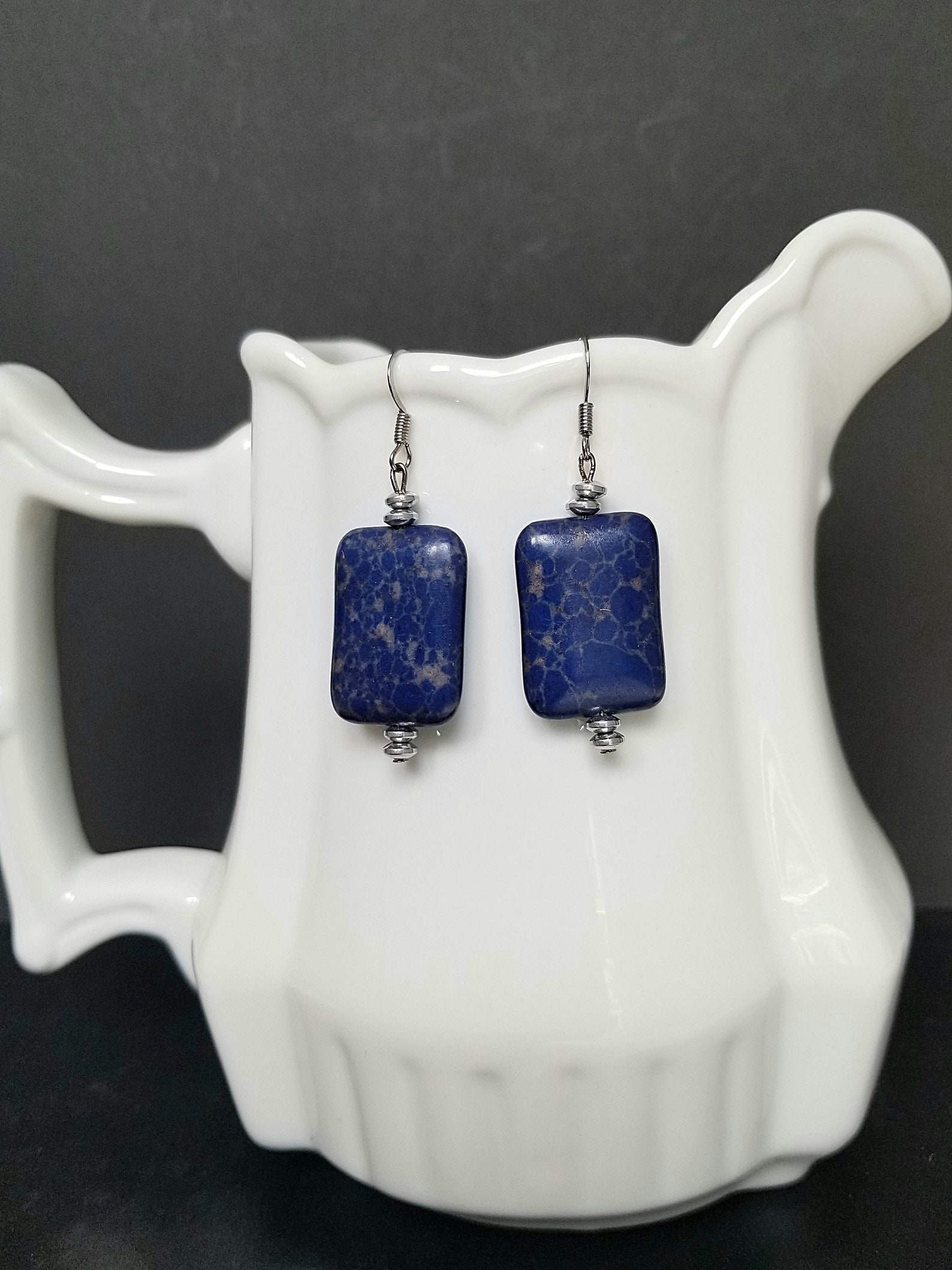Dark Blue Imperial Jasper Rectangle Gemstone Earrings, Stainless Steel ...