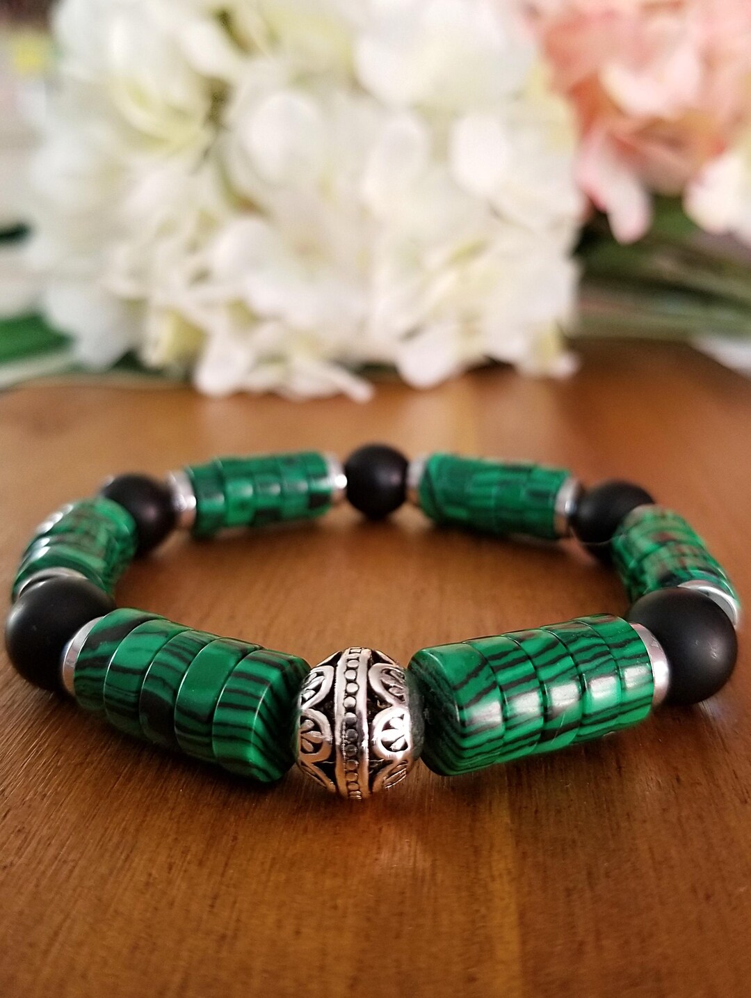 Heishi Malachite, Obsidian & Stainless Steel Gemstone Bracelet, Stretch ...