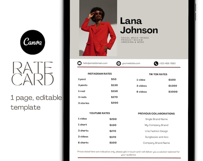 Editable Rate Card Template for Influencers Instagram Tiktok Rate Card ...