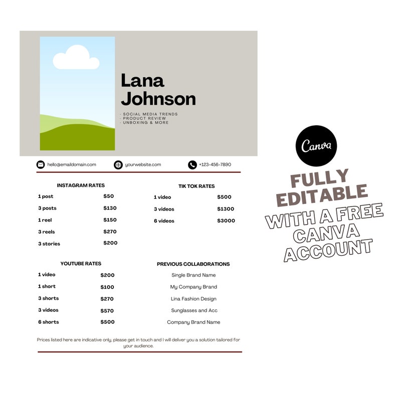 Editable Rate Card Template for Influencers Instagram Tiktok Rate Card ...