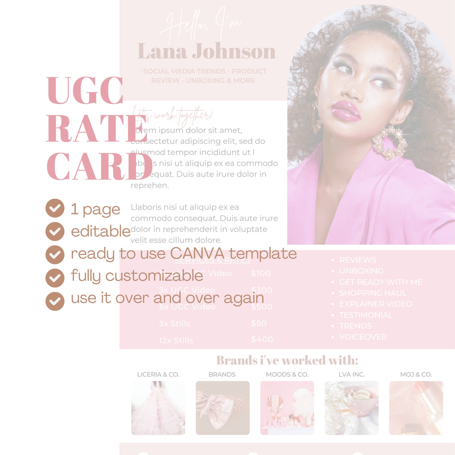 Pretty Pink UGC Rate Card for Content Creators Modern UGC Media Kit UGC ...