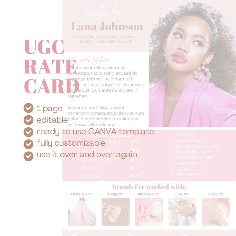 Pretty Pink UGC Rate Card for Content Creators Modern UGC Media Kit UGC ...