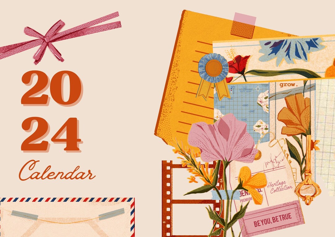 Printable Calendar 2024 Colorful Retro Vibes Textured Illustrated ...