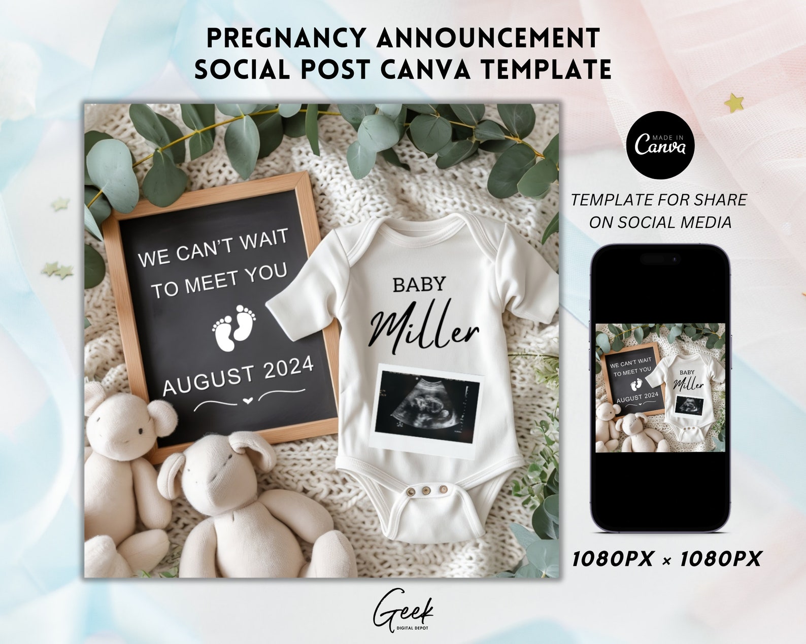 Baby Pregnancy Announcement Digital Social Media Post With Boho ...