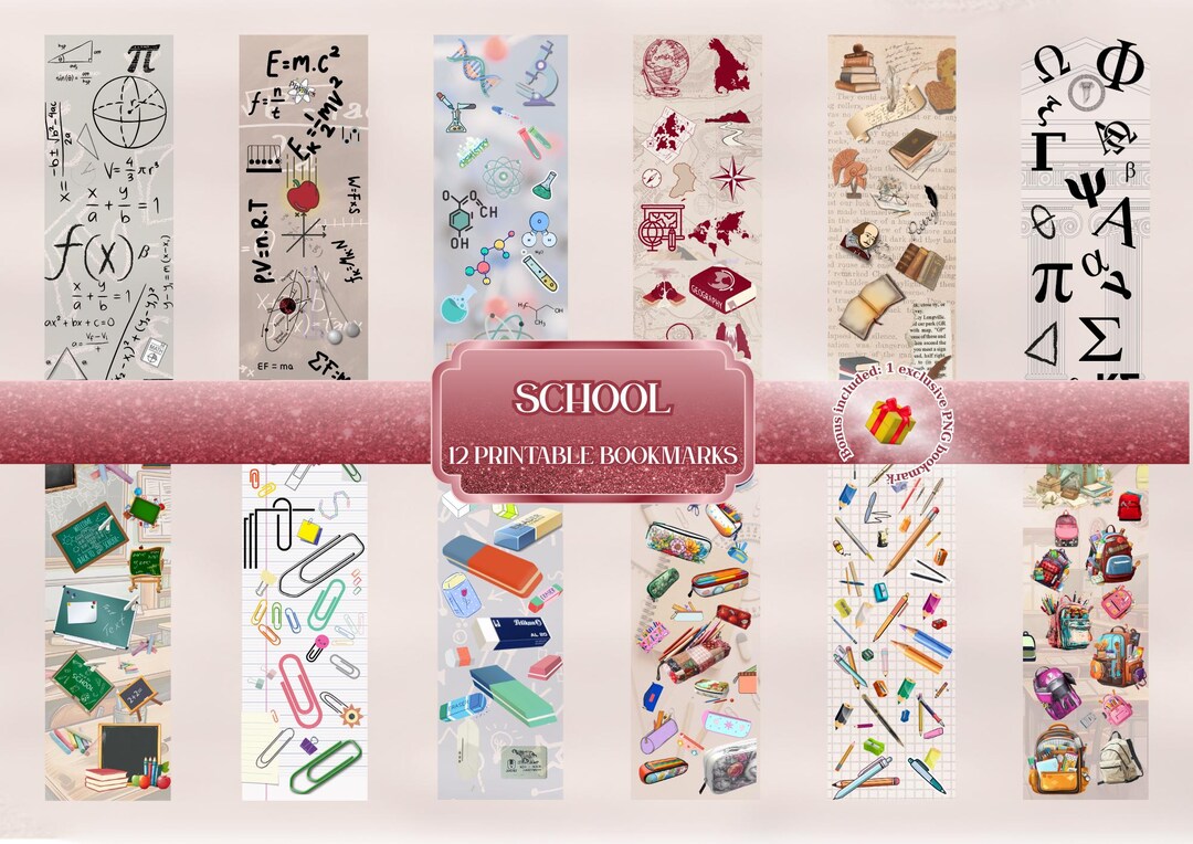 School, 12 Printables Bookmarks, Digital Bookmarks, Instant Download ...
