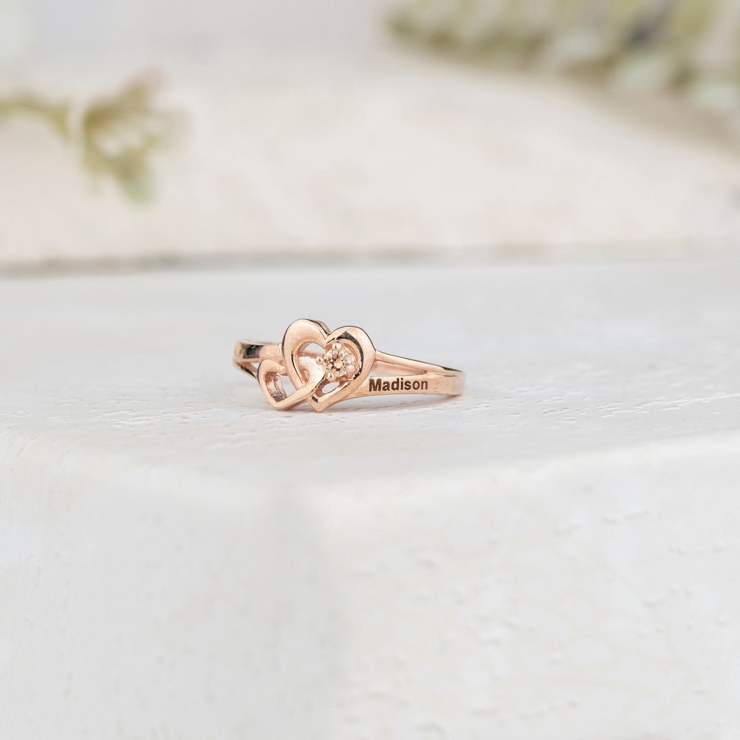 Personalized Heart Ring, Custom Birthstone Name Ring, Engraved Mother’s Day Ring, Gift for Her ...