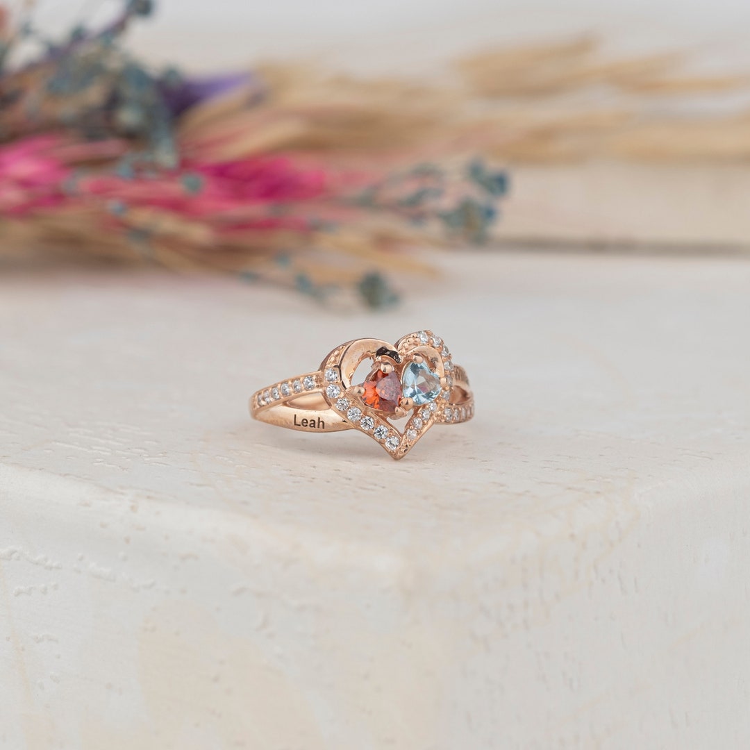 Personalized Heart Ring, Custom Birthstone Ring, Engraved Name Ring ...