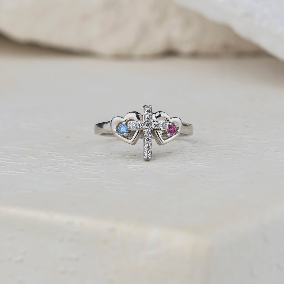 Birthstone Cross Ring for Women, Personalized Christian Ring, Double ...