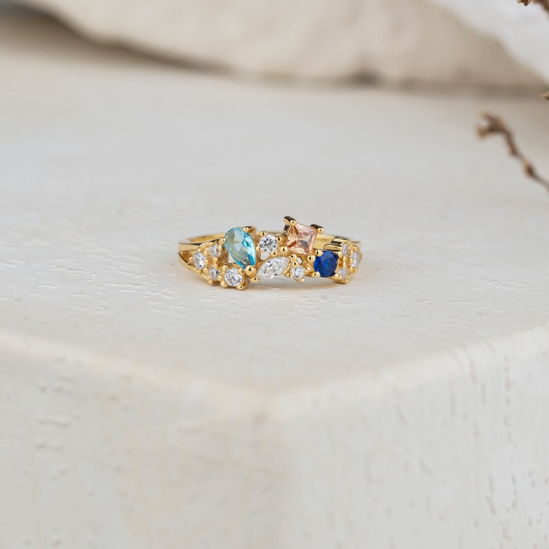 Vintage Multi-stone Birthstone Ring: Square, Oval, Pear-cut Gemstones ...