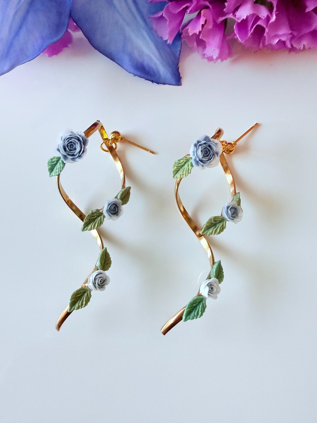 Blue Rose Earrings, Floral Dangle Earrings, Handmade Earrings, Resin ...