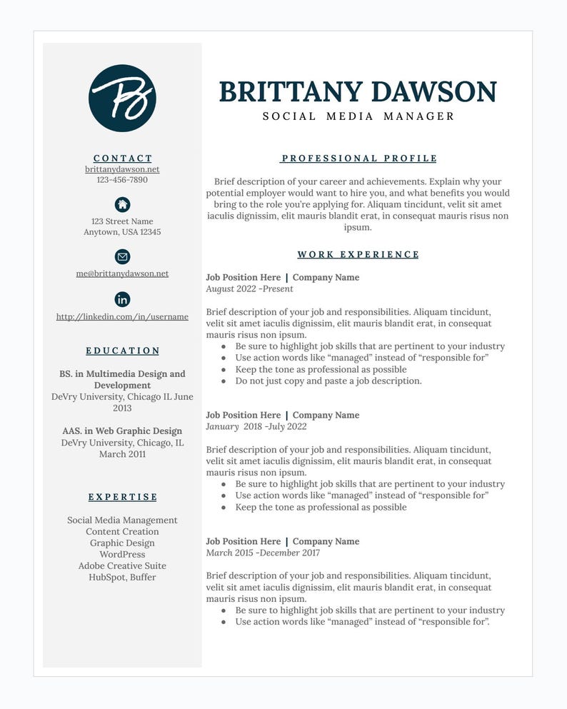 Resume Template- Elegant Navy by Queen BE Designs - Etsy