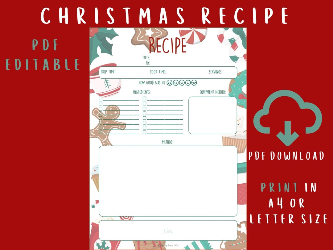 Editable Christmas Recipe Printable Blank Recipe Template - Etsy
