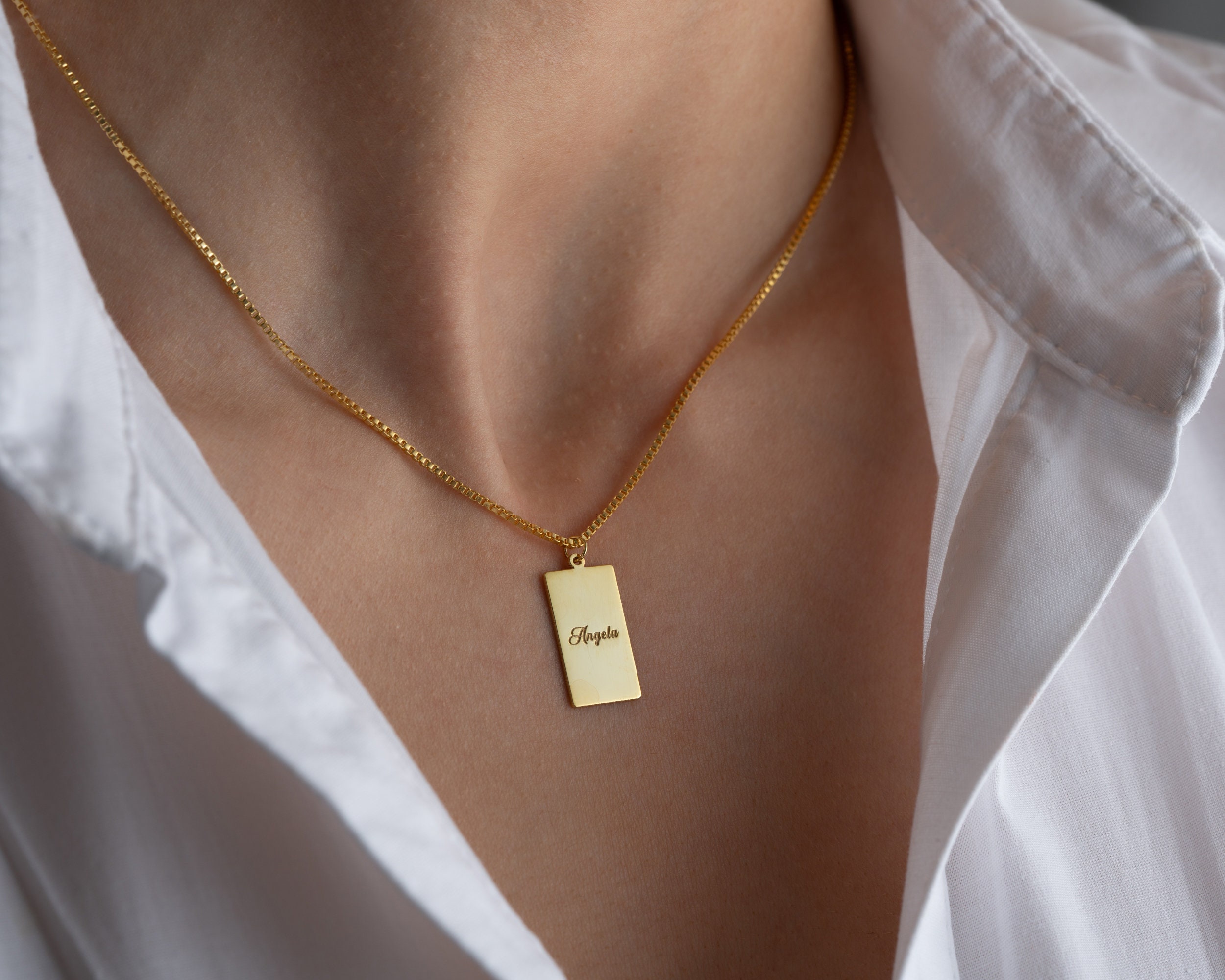 Dainty Name Tag Necklace With Box Chain, Personalized Tag Necklace ...