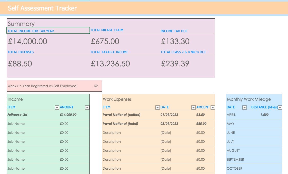 Simple Self Assessment and Mileage Tracker Excel Spreadsheet - Etsy UK